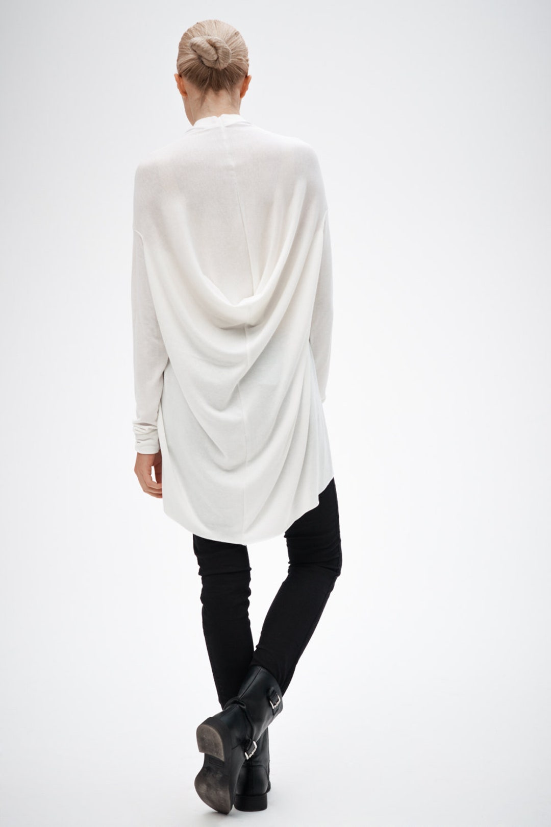Off White Draped Tunic Top, Asymmetrical Long Sleeve Blouse, White ...