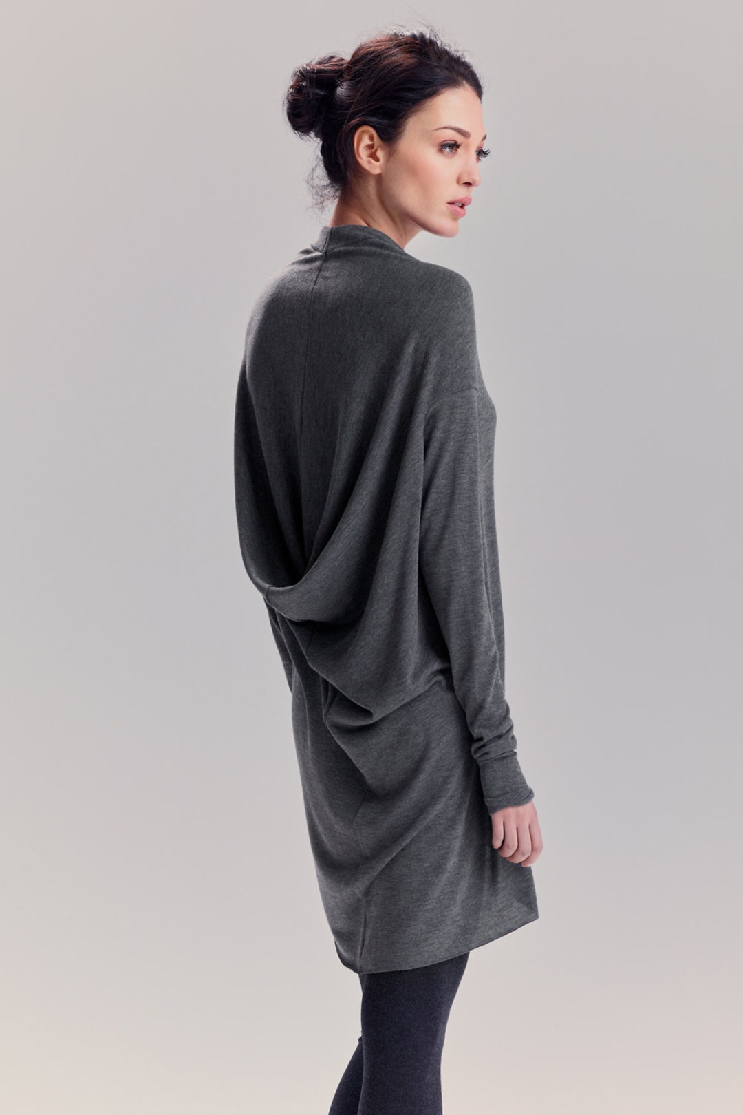 Dark Grey Draped Tunic Top, Asymmetrical Long Sleeve Blouse, Minimalist ...
