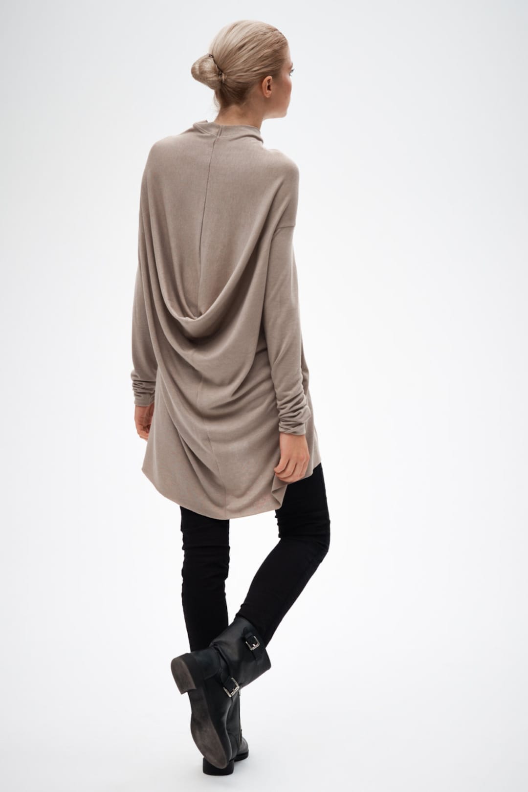 Beige Draped Tunic Top, Elegant Long Sleeve Blouse, Asymmetrical Womens ...