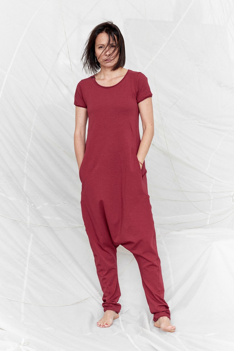 Long Red Romper / Womens Overall / Yoga Drop Crotch Jumpsuit / - Etsy