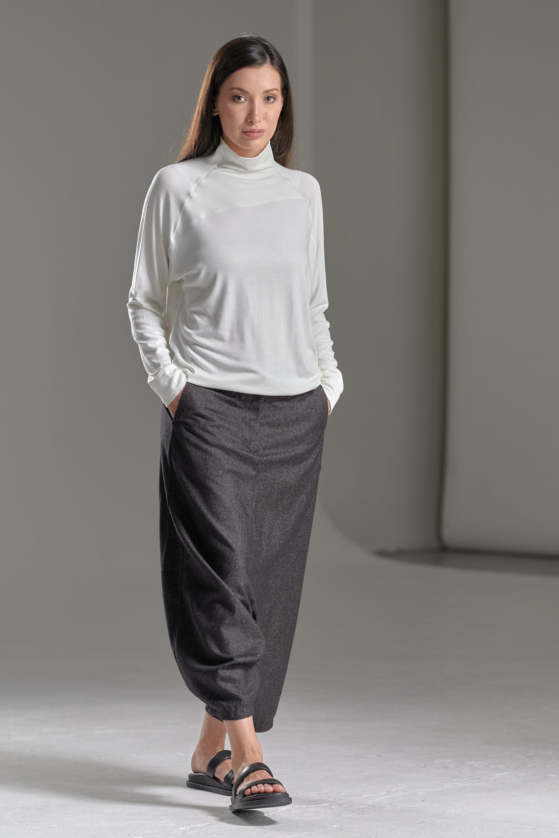 Dark Brown Melange Cropped Wool Pants/ Extravagant Drop Crotch - Etsy
