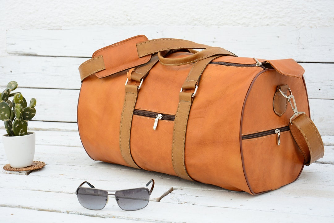 Caramel Goat Leather Weekend Travel Duffle Bag, Personalized Engraved ...