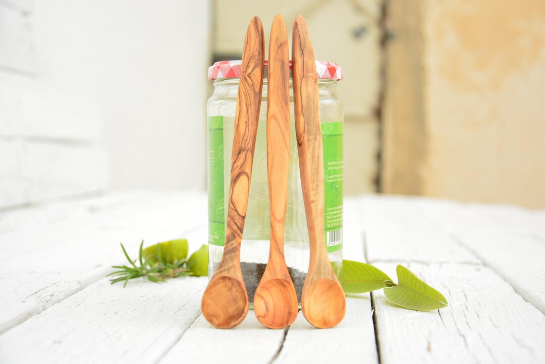 Olive Wood Spice Spoon Set: Long Handle Mini Scoops, Kitchen Utensils ...