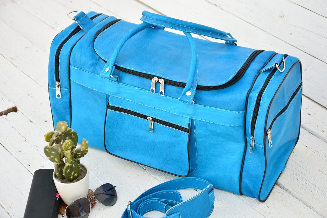 Womens & Mens Turquoise Leather Duffel Luggage Blue Bag, Monogrammed ...