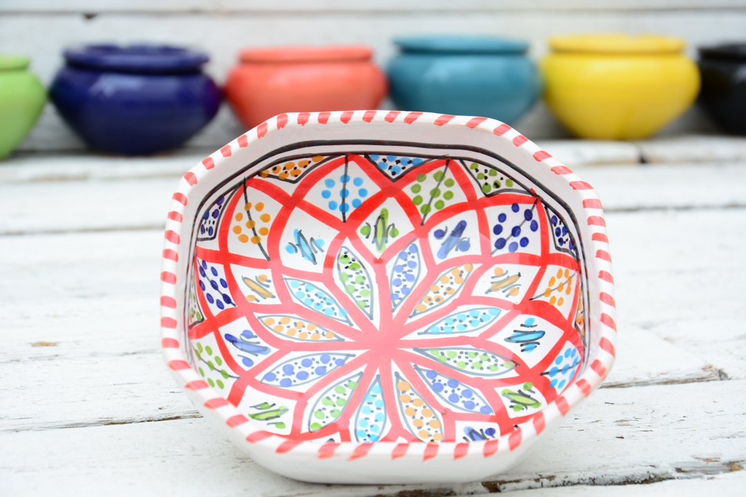 Octagon Ceramic Bowl – Tunisian Handmade Moroccan Design, Red & White ...