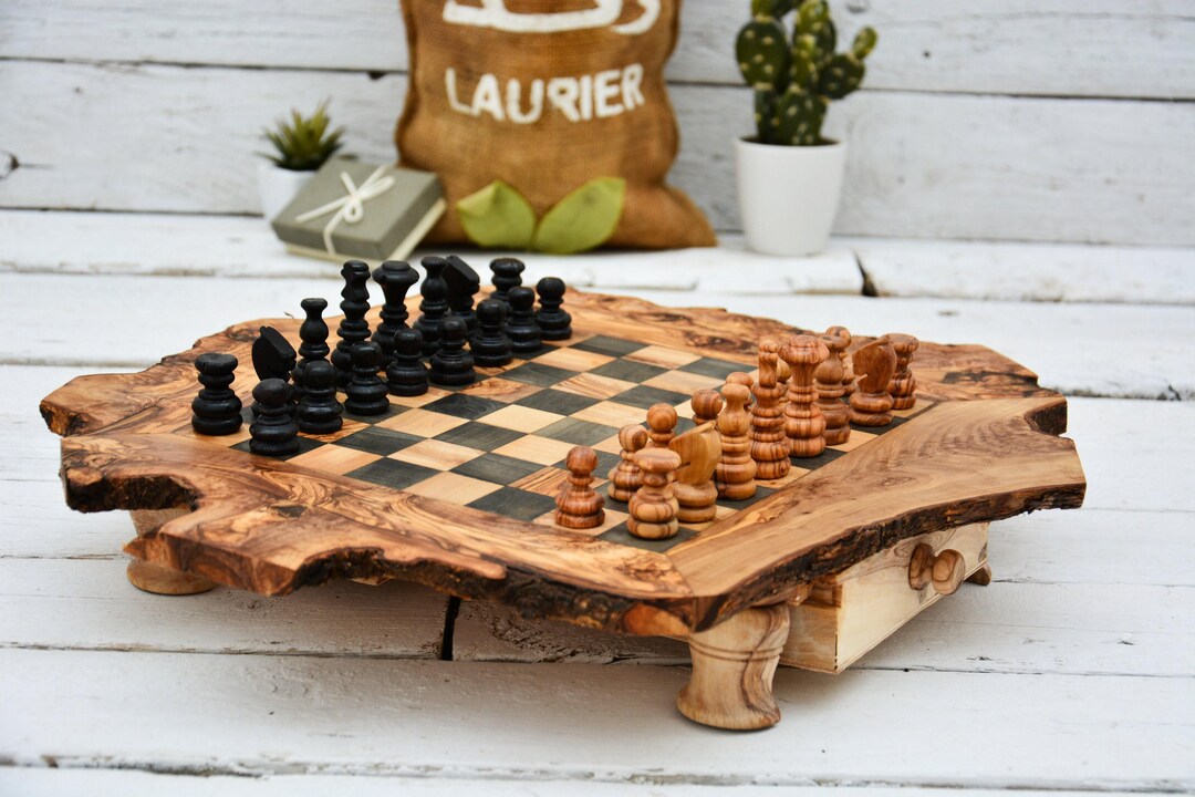 Handcrafted Olive Wood Chess Set With Storage Drawers – Rustic Board ...