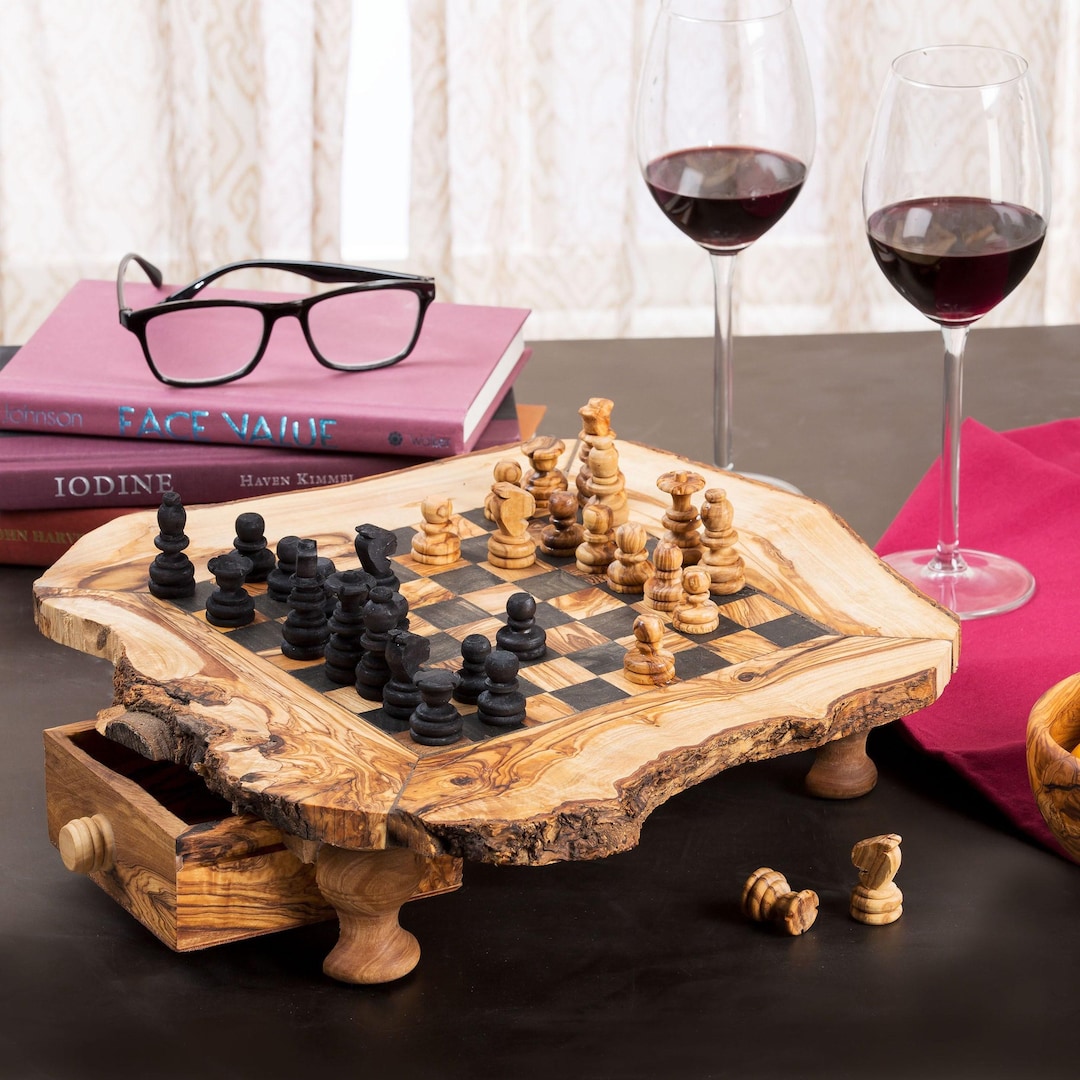 Olive Wood Chess Set: Rustic Board With Storage Drawers - Etsy UK