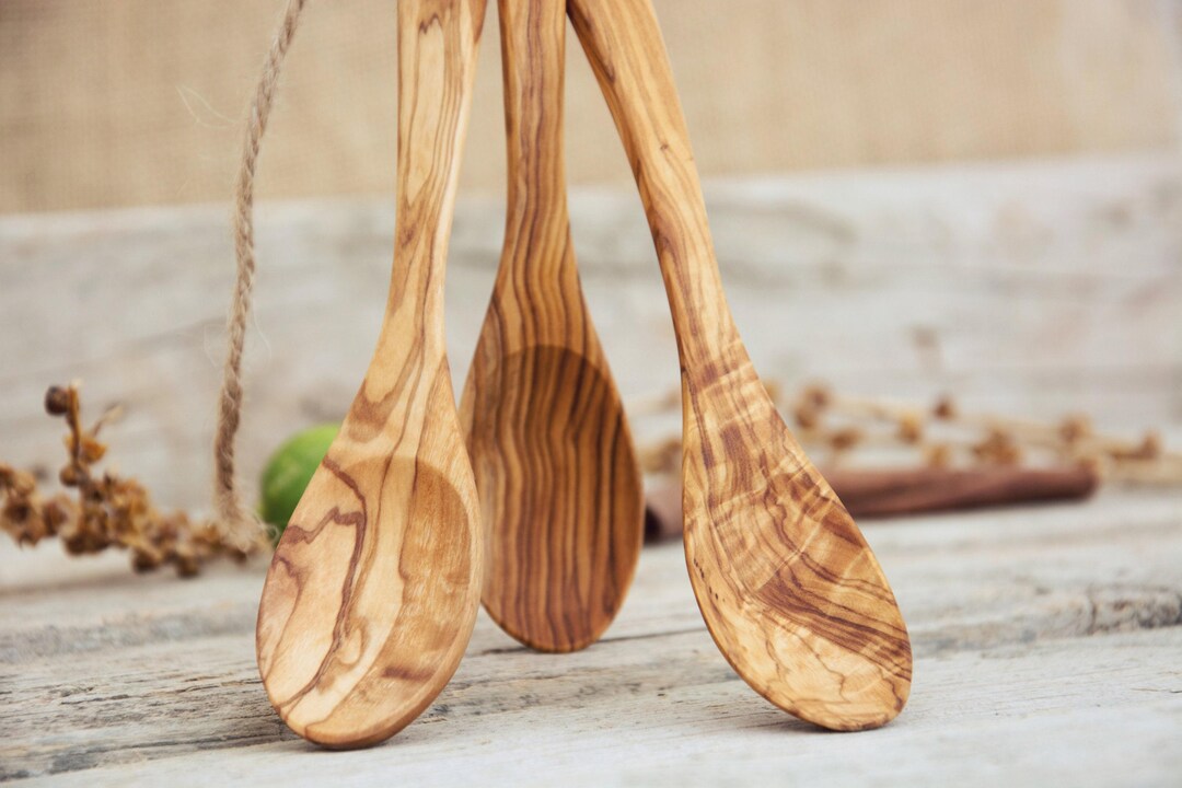Olive Wood Spoons Set – 7-inch Utensils, Smooth Grain Finish, Kitchen ...