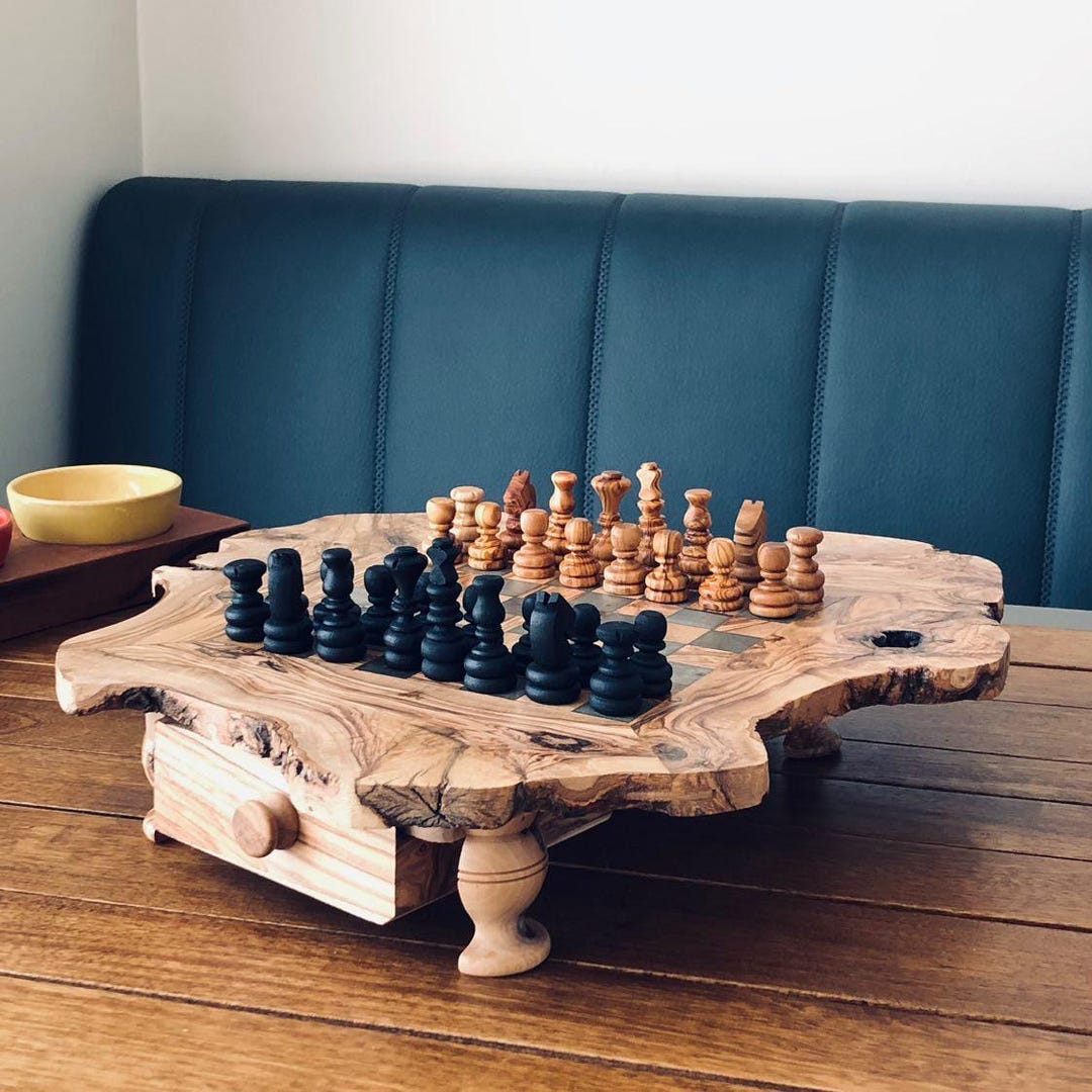 Olive Wood Chess Board Set – Rustic Natural Edge, Hand-carved Drawers ...