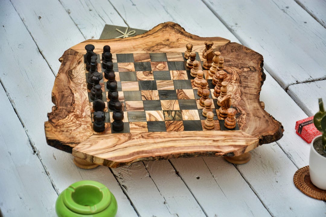 Engraved Olive Wood Chess Set: Rustic Board Game - Etsy