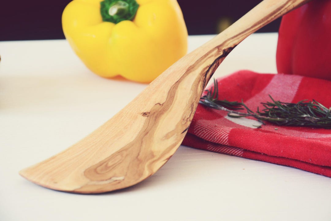 Olive Wood Spatula - Sharp Edge Cooking Utensil - Curved Rustic Design ...