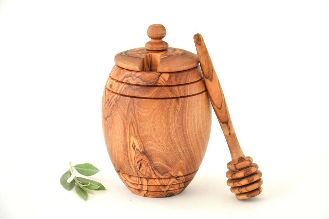 Handmade Olive Wood Honey Pot With Dipper: Rustic Kitchen Decor - Etsy