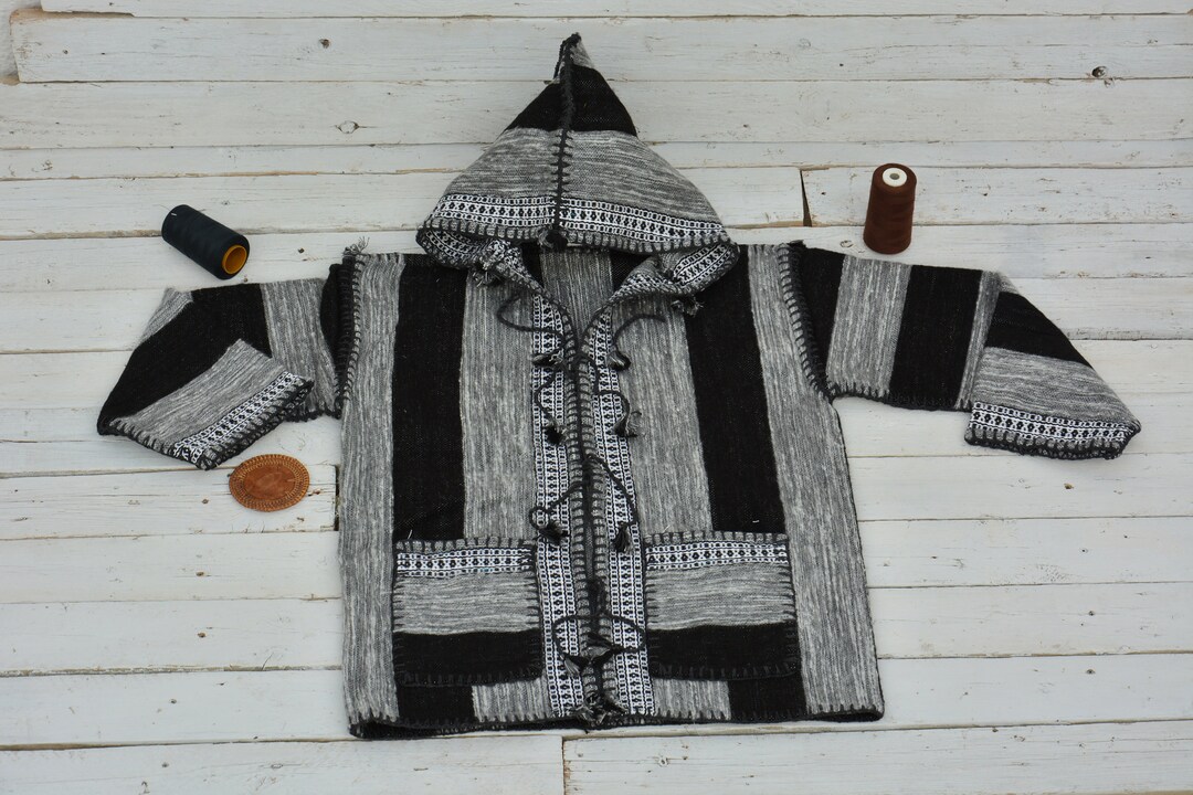 Mens Handmade Black & Grey Wool Kachabia Coat - Tunisian Berber Hoodie ...