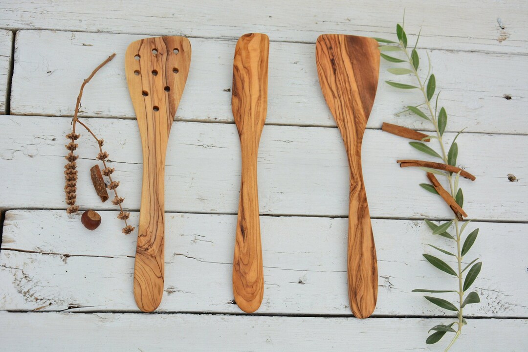 Olive Wood Utensils Set: Rustic Handcrafted Spatulas - Durable Kitchen ...