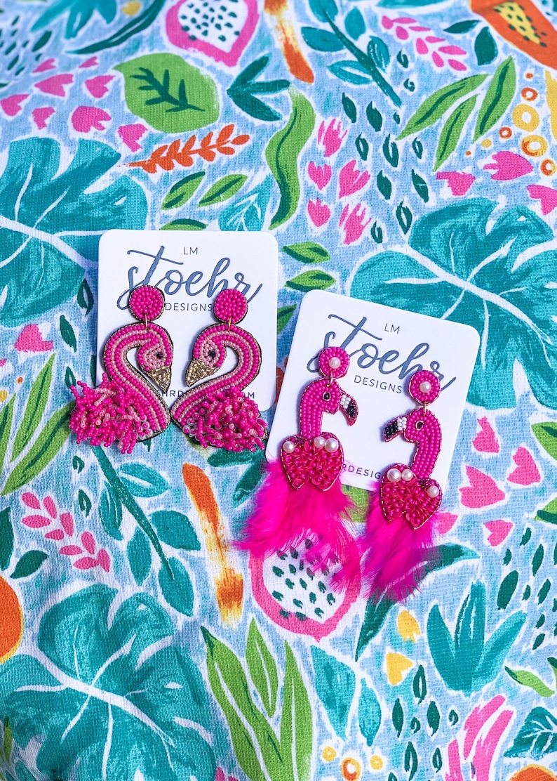 Pink Beaded Flamingo Earrings Flamingo Friday Summer | Etsy