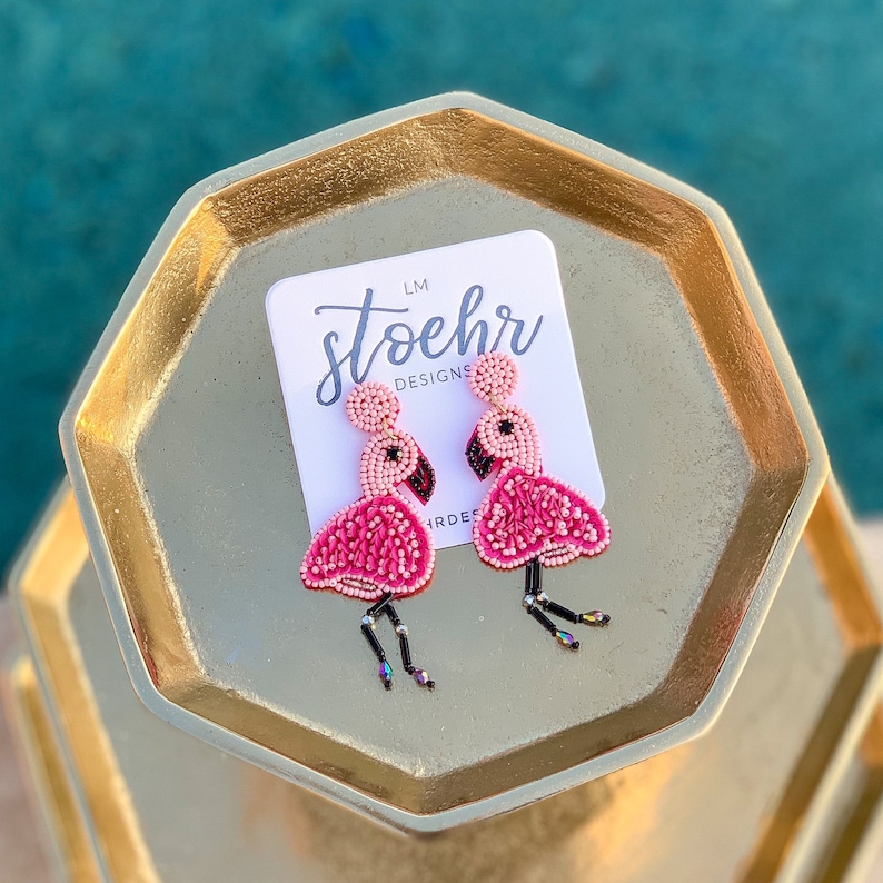 Pink Beaded Flamingo Earrings Flamingo Friday Summer | Etsy