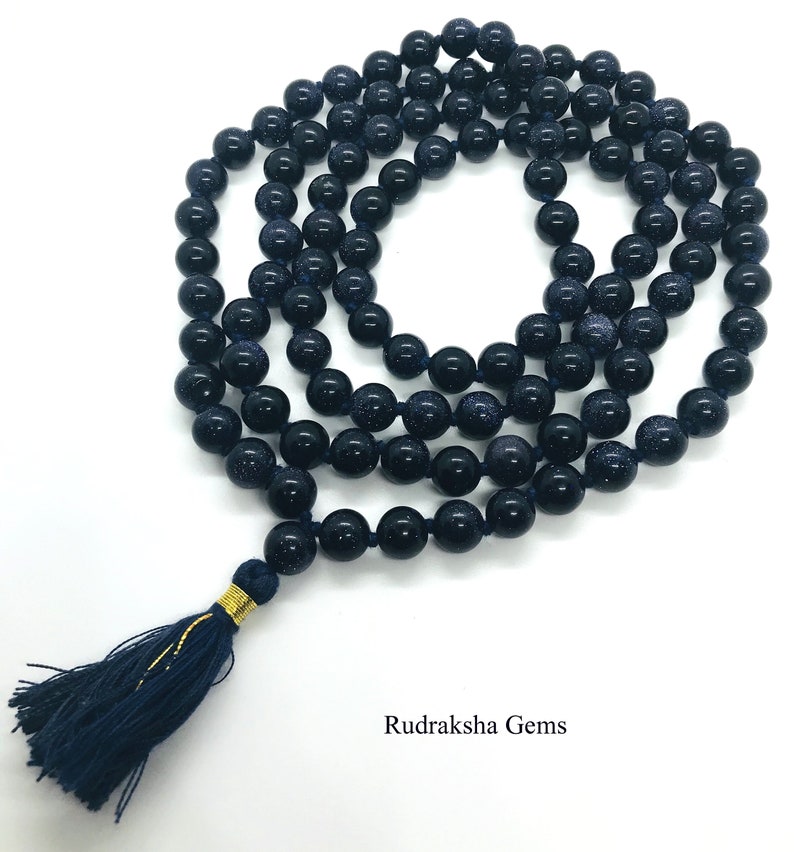 Galaxy Star Blue Sand Stone - Gold Stone Japa Mala Beads - Yoga Rosary ...