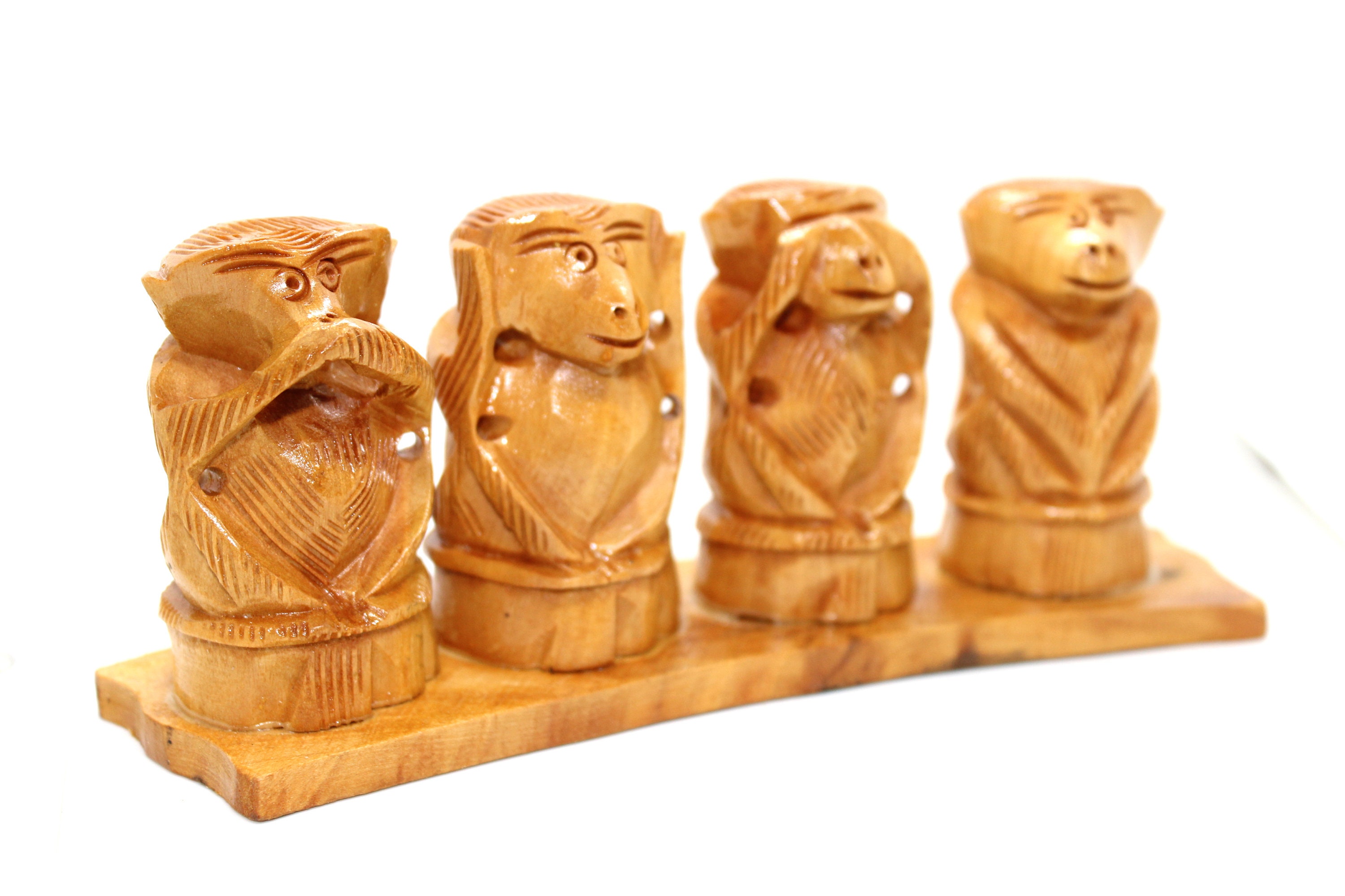 Hand Carved Wooden Four Wise Monkeys Statue - Hear See Speak - Etsy