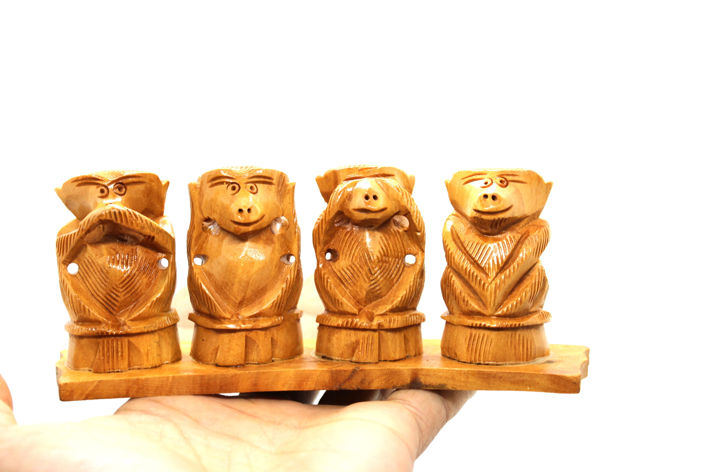 Hand Carved Wooden Four Wise Monkeys Statue - Hear See Speak - Etsy