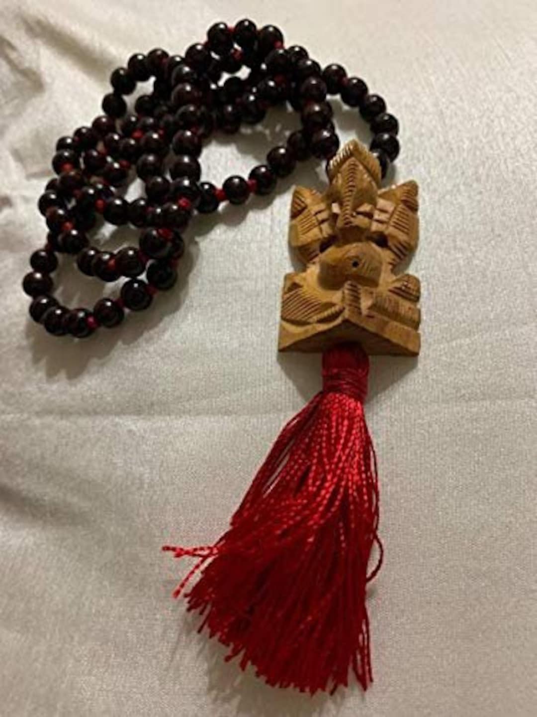 Red Rosewood Handmade Rosary Mala 108 Beads + Ganesha Wooden Guru ...