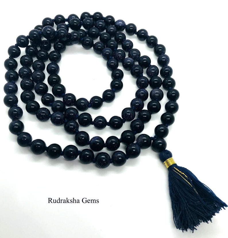 Galaxy Star Blue Sand Stone - Gold Stone Japa Mala Beads - Yoga Rosary ...