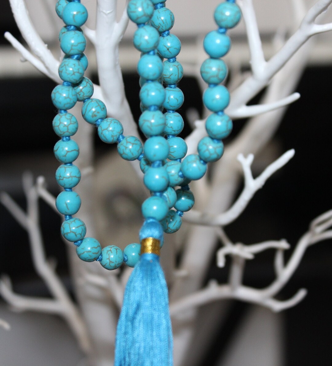 Indian Turquoise 8mm Beads Necklace, Tassel Mala, Prayer Necklace, 108 ...