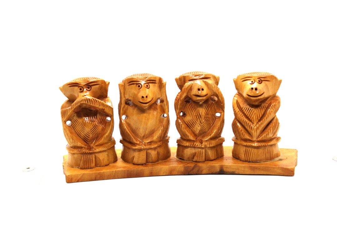 Hand Carved Wooden Four Wise Monkeys Statue - Hear See Speak - Etsy