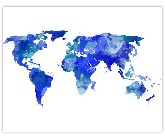 Aquarelle Carte du monde Bleu Carte du Monde Art Office Art - Etsy France