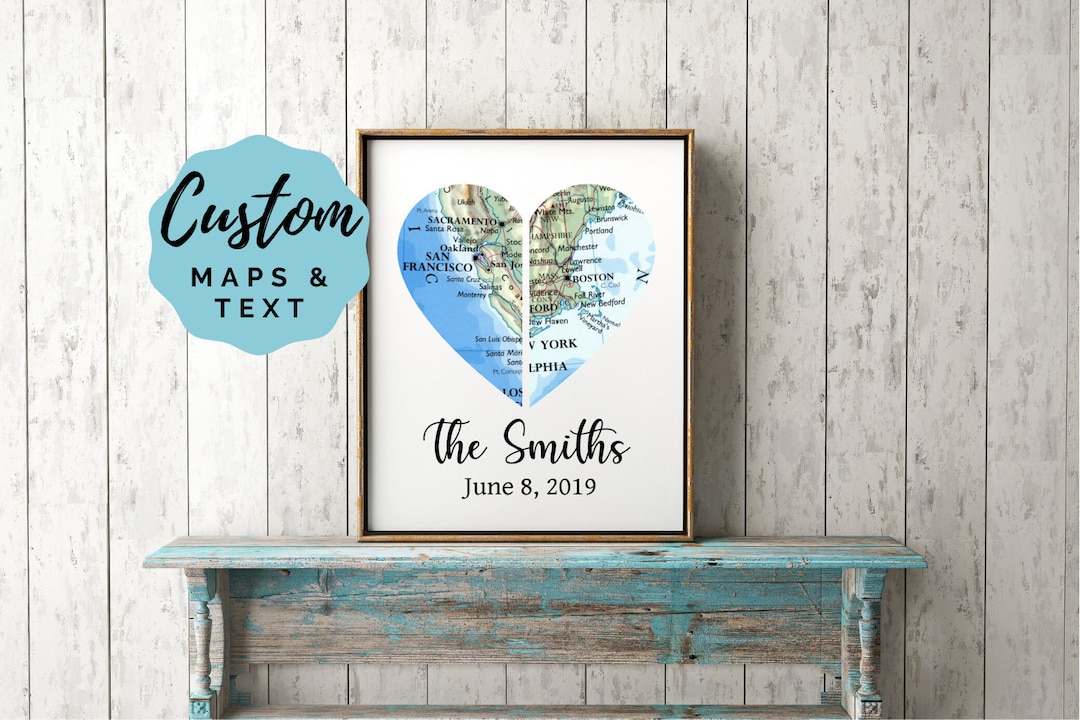 Custom Map Print Personalized Map Art - Heart Map Print Long Distance ...