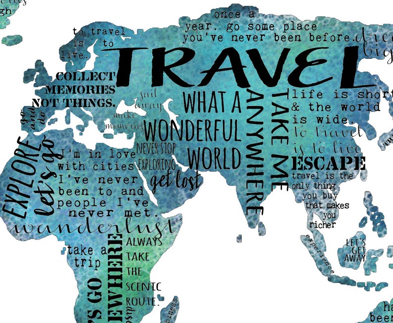 Typography Print World Map Wall Art Travel Quotes for Wall - Travel ...