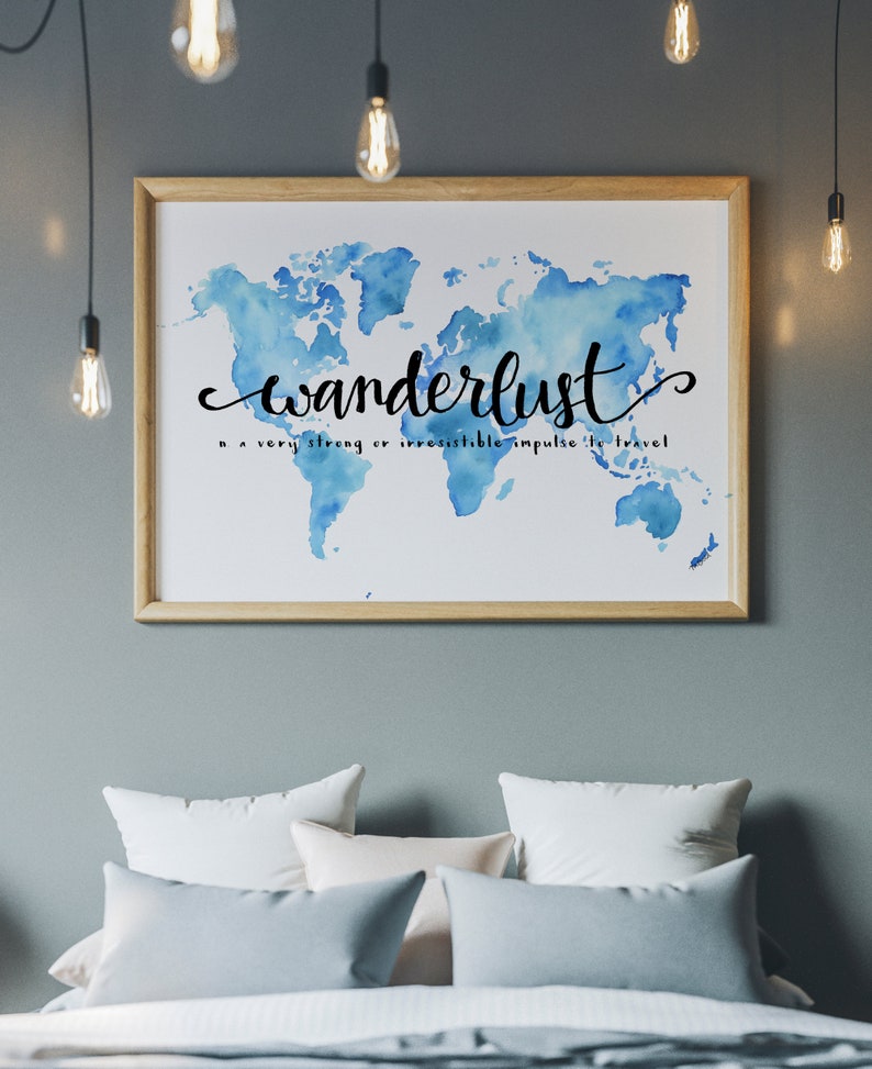 Wanderlust Print Watercolor World Map Wall Art - Travel Quote Print ...
