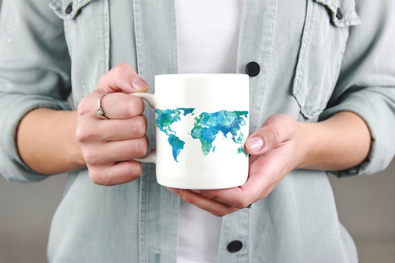World Map Mug Travel Mug World Map Watercolor Mug Travel | Etsy