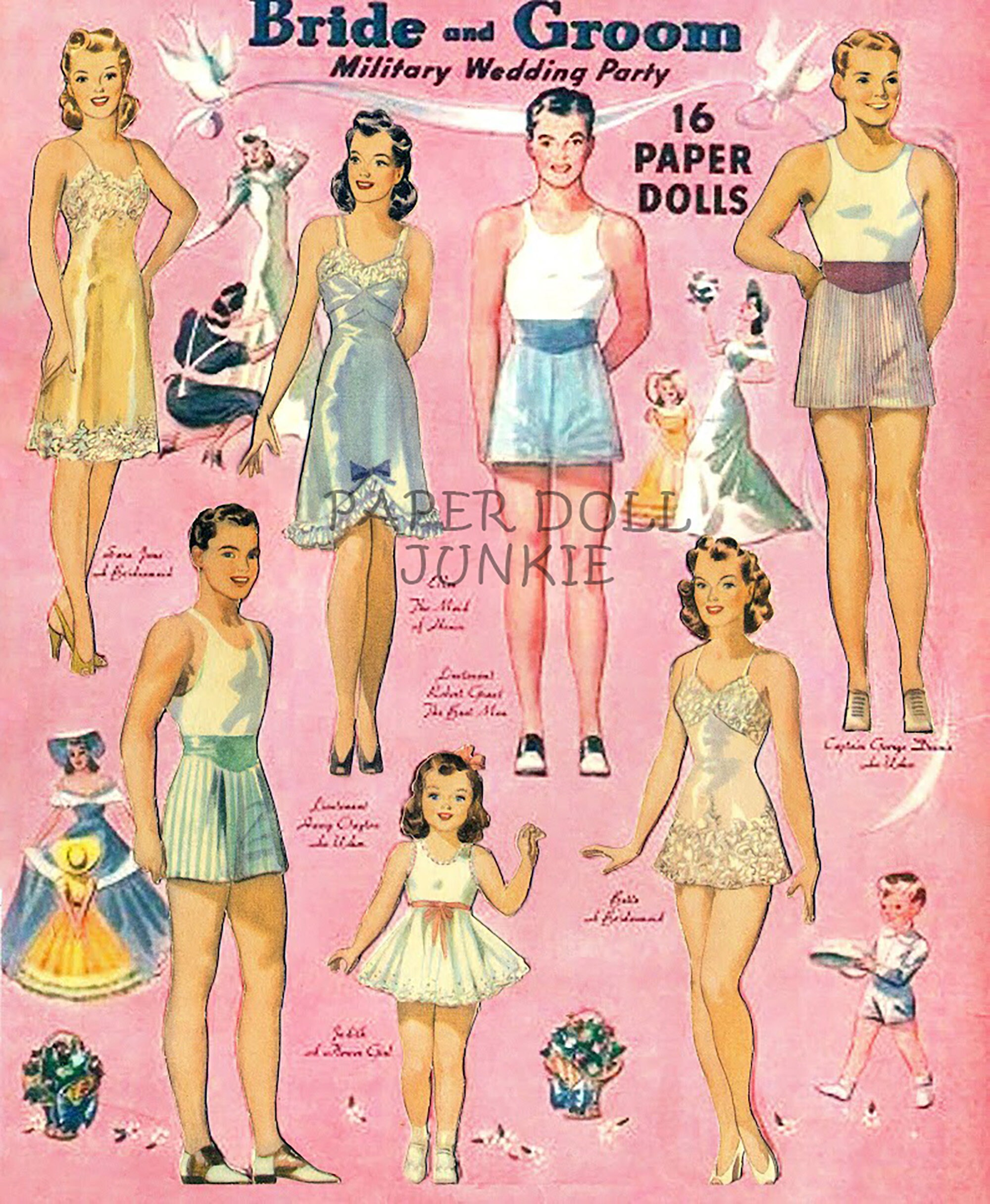 Vintage Paper Dolls Clip Art Bride and Groom Military Wedding Party 16 ...
