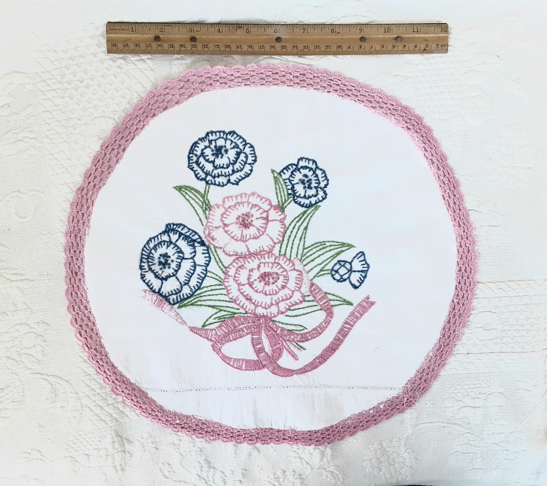 Doily Large Round Hand Embroidered Crochet Floral White Pink Blue Green ...