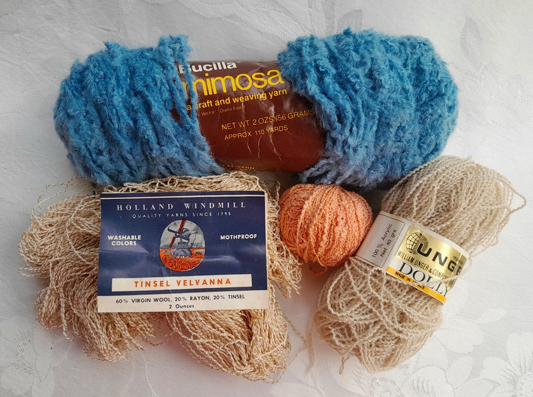 Vintage Yarn Lot Bucilla Mimosa Blue Olefin White & Gold Wool and ...