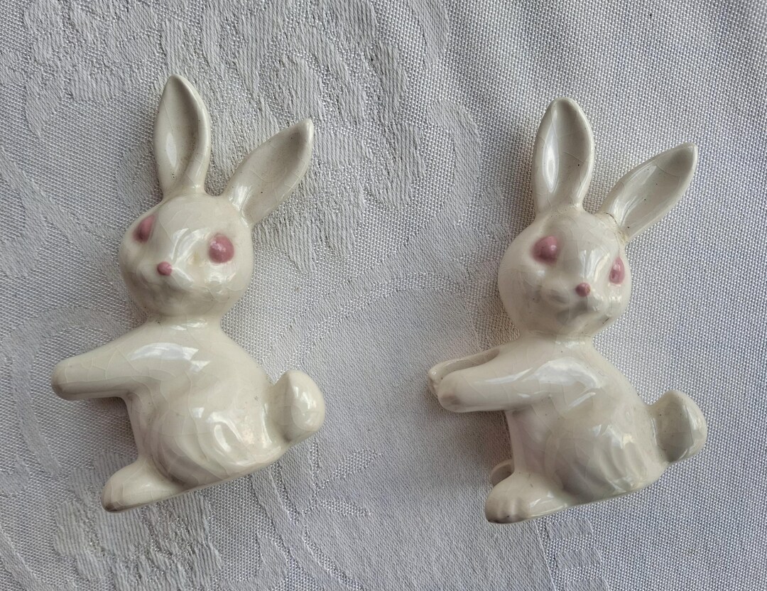 Mini Bunny Taper Candle Holders Pair With a Repair, White Ceramic ...