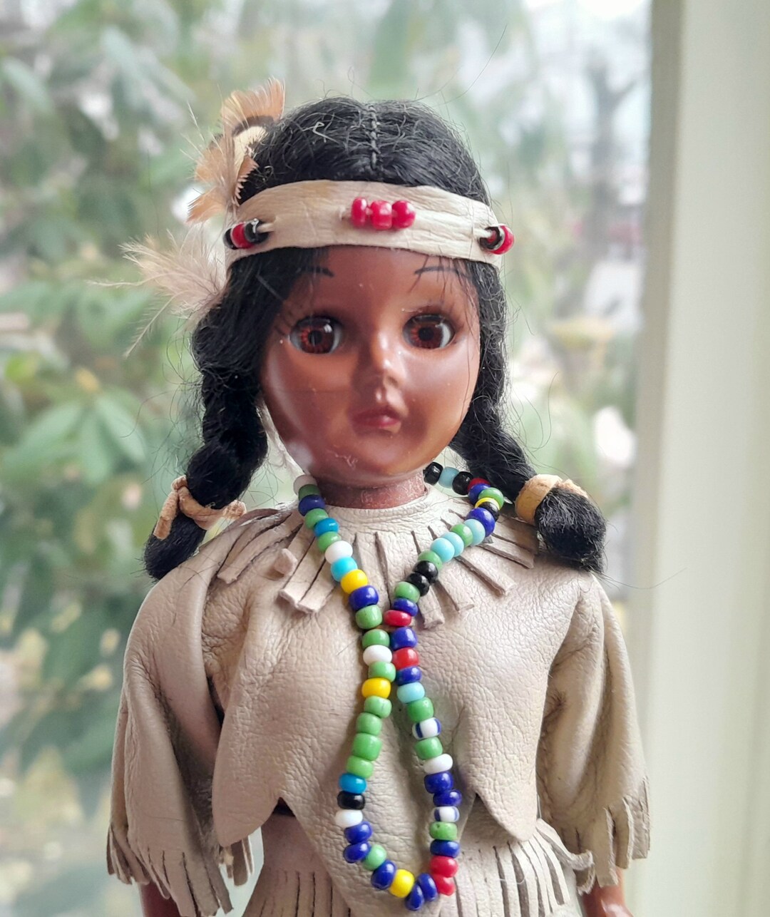 Native American Girl Doll With Beads & Leather Clothing Sleepy Eyes 7 1 ...