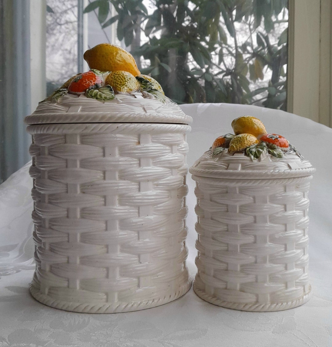 Lefton Ceramic Canisters, Set of 2, Lemons and Oranges With Basketweave ...