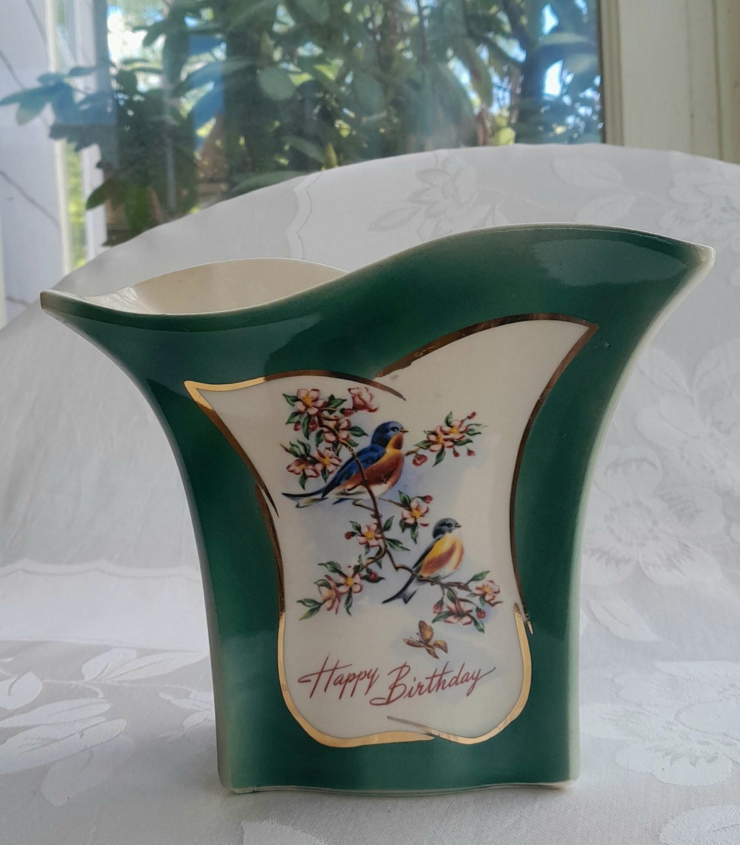 Vintage Happy Birthday Vase With Robins Mid Century 1940s - 1950s ...