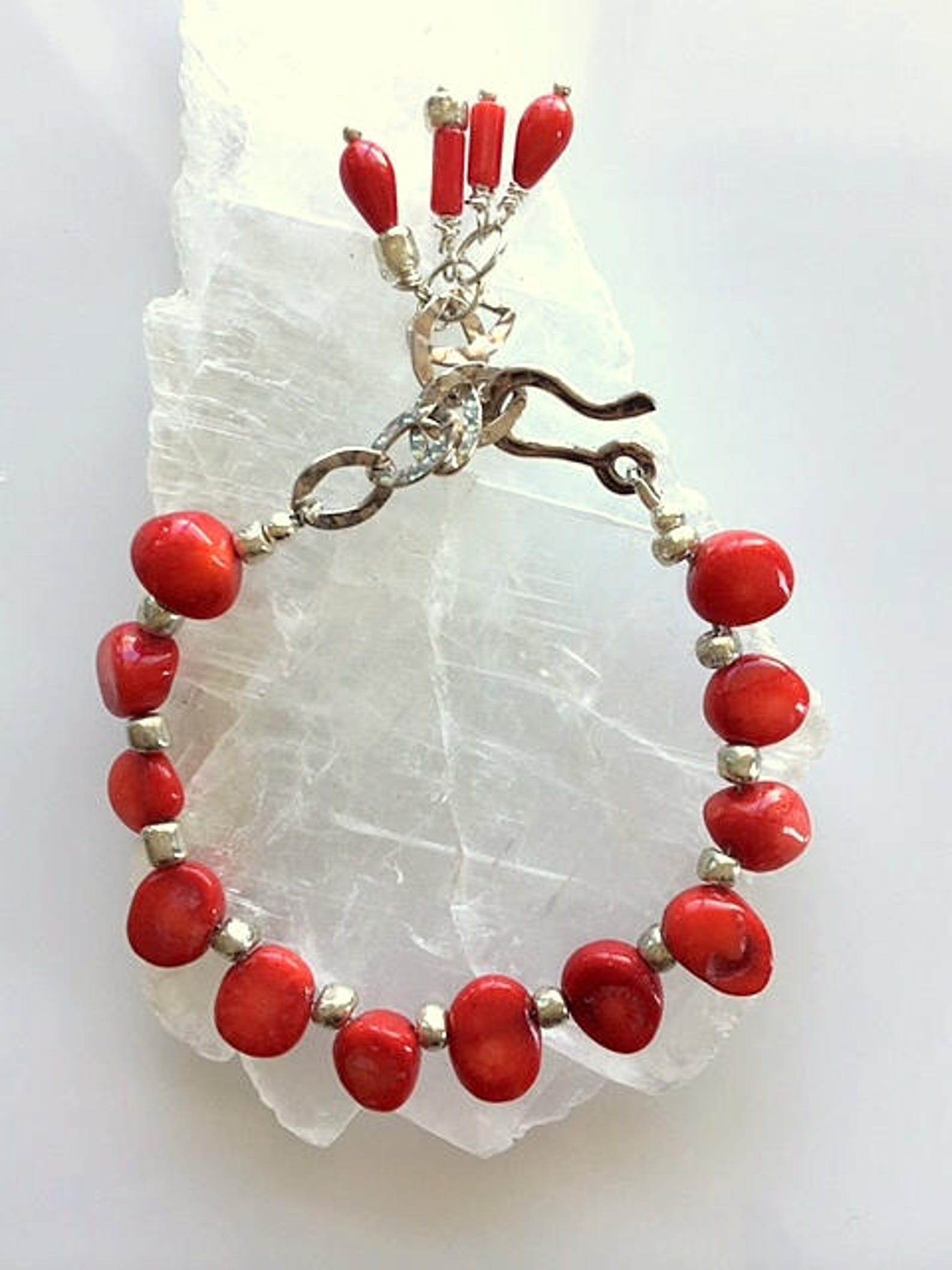 Red Coral and Sterling Silver Bracelet Natural Red Coral and - Etsy