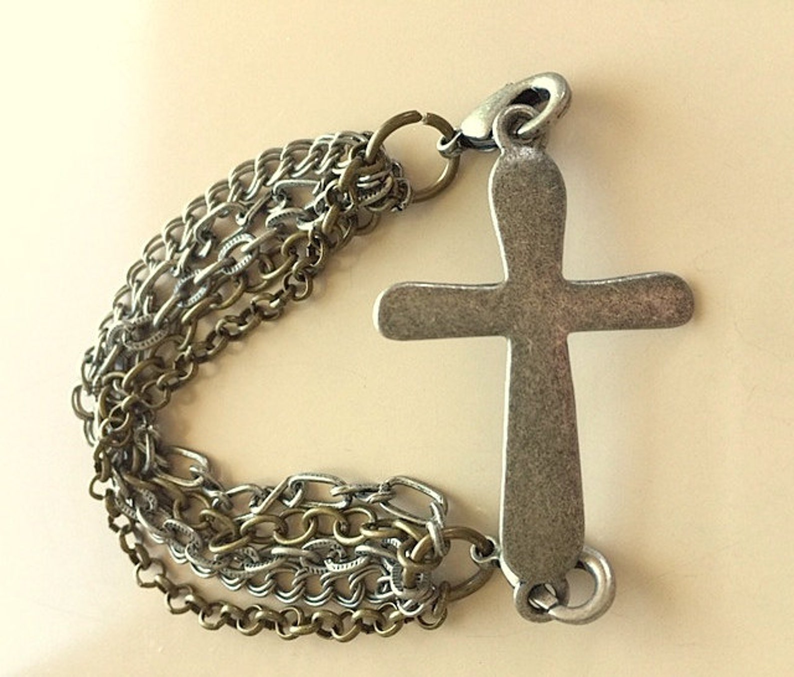 Pewter Cross and Mixed Metal Chains Bracelet With Double - Etsy