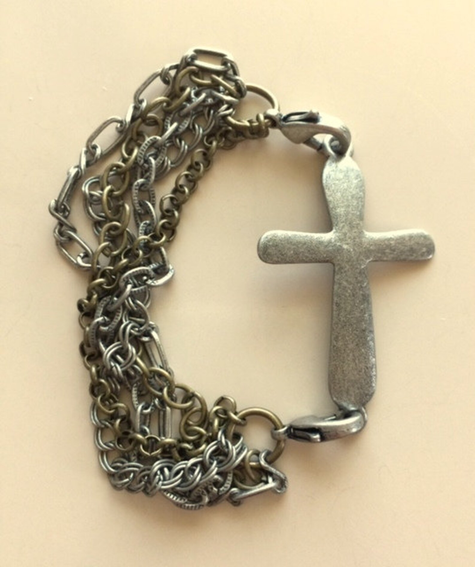 Pewter Cross and Mixed Metal Chains Bracelet With Double - Etsy