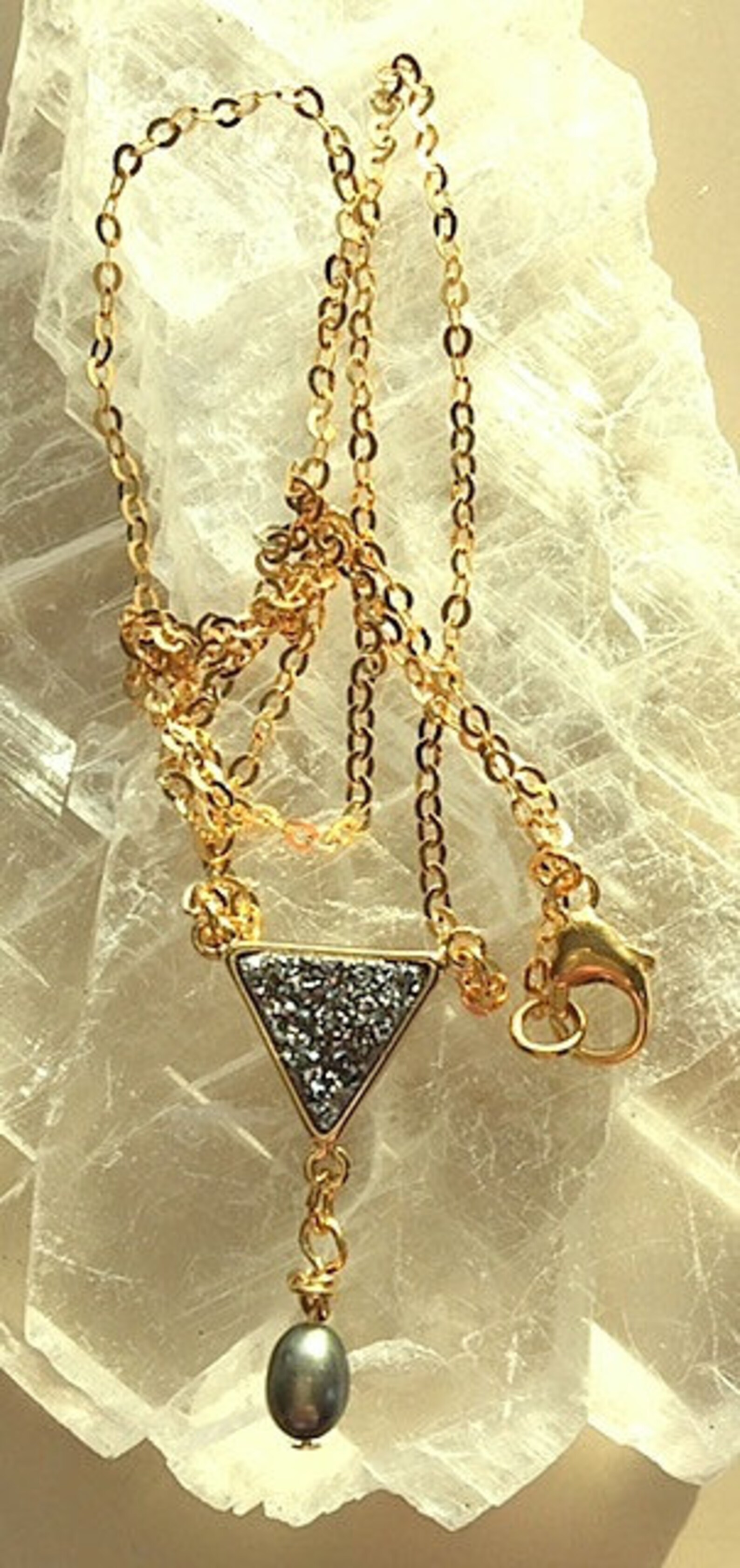 Triangle Silver Titanium Druzy Freshwater Pearl and Gold - Etsy