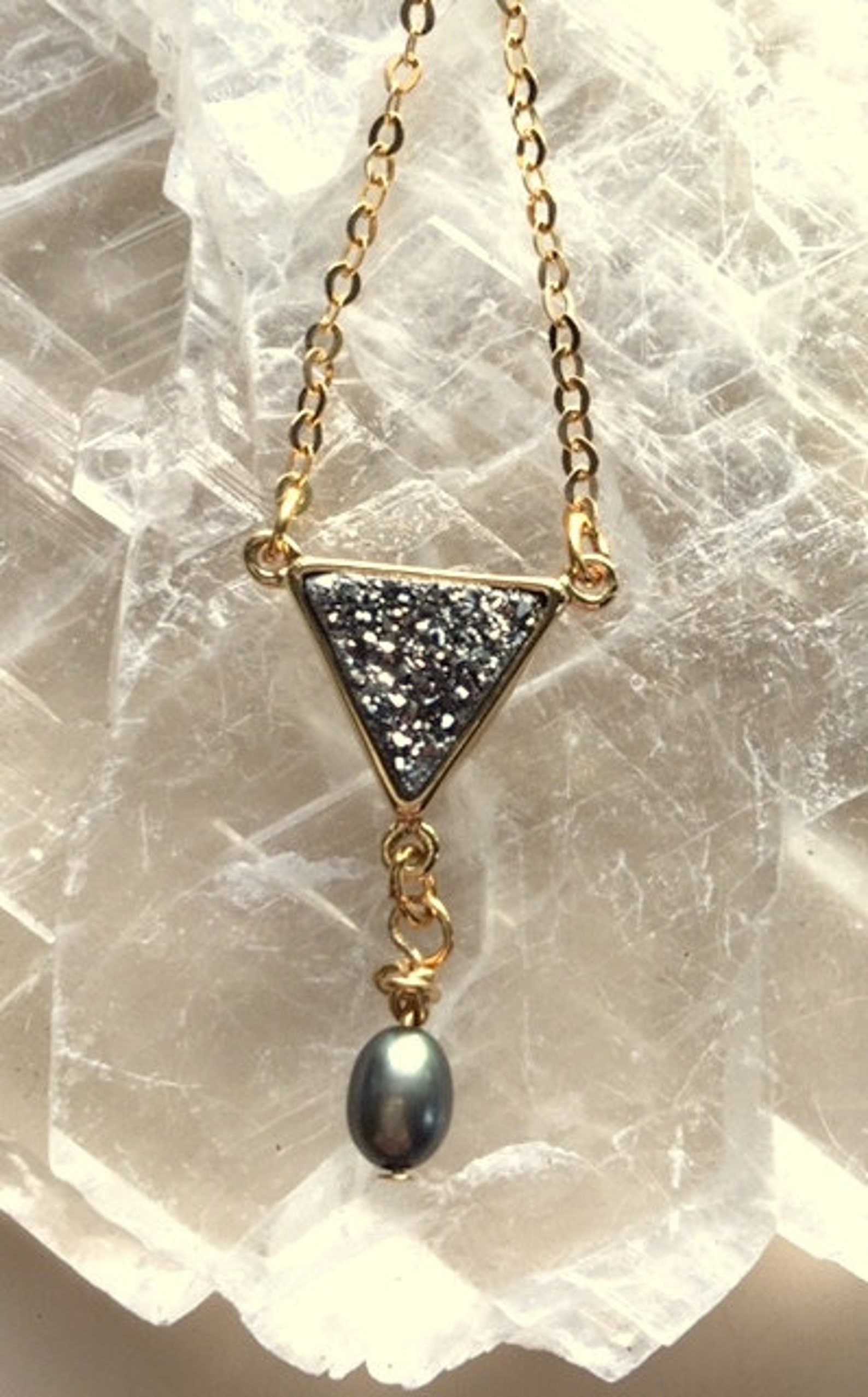 Triangle Silver Titanium Druzy Freshwater Pearl and Gold - Etsy