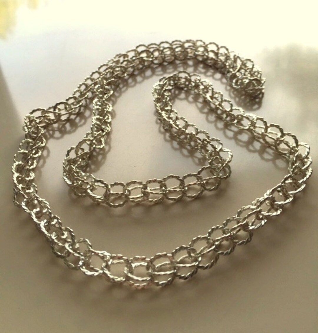 Textured Sterling Silver Double Looped Links Chain Necklace - Long ...