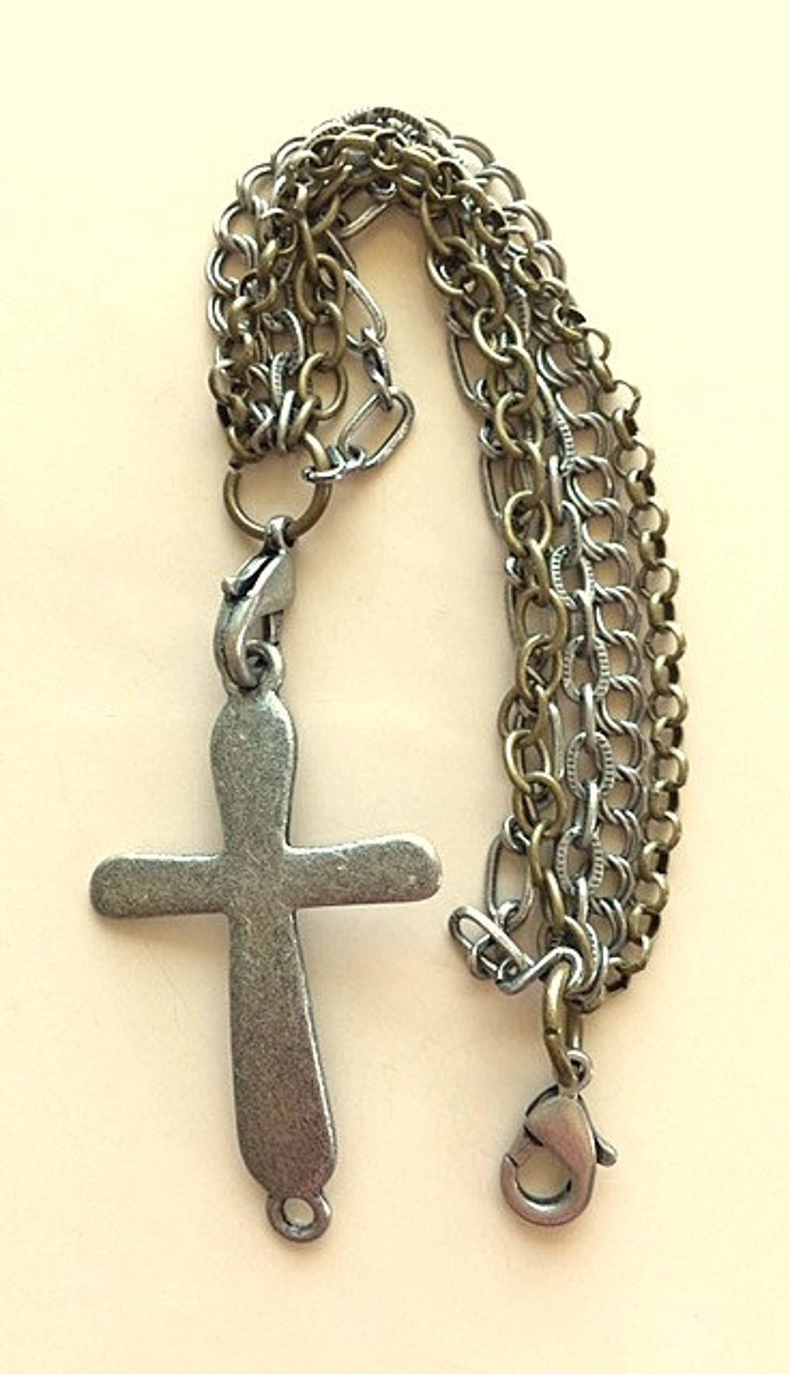Pewter Cross and Mixed Metal Chains Bracelet With Double - Etsy