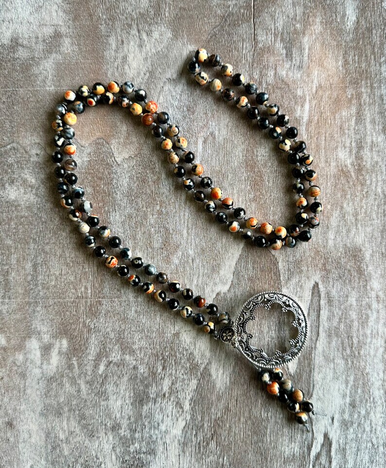 Wheel of Fire Orange and Black Dragon Fire Agate Beaded Mala Beaded ...
