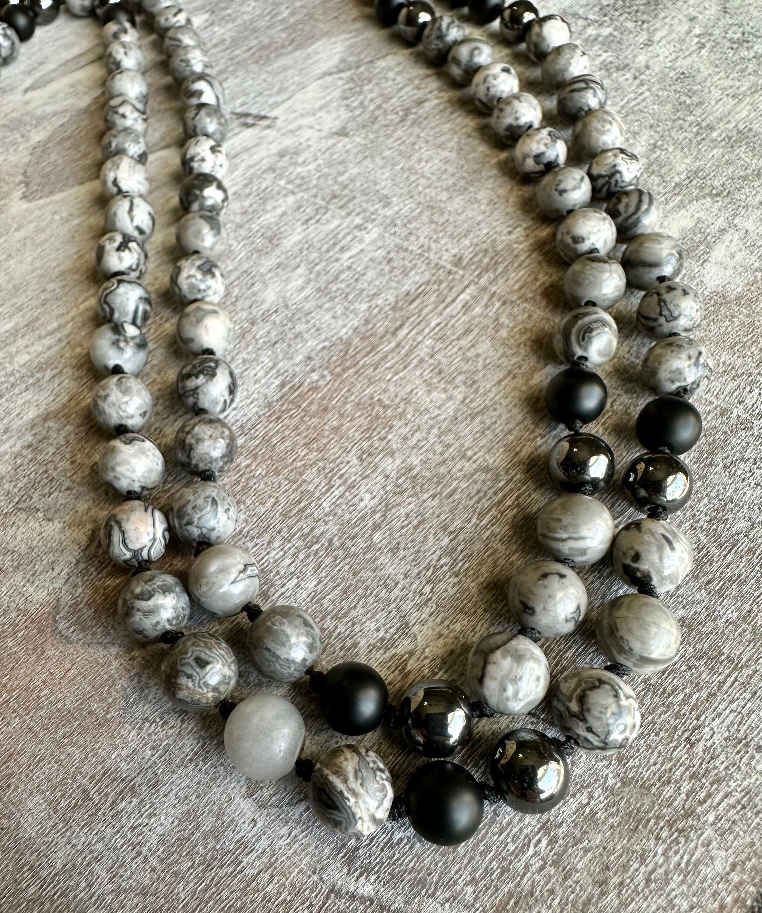 Smokey Cleanse Map Jasper, Black Matte Stone & Hematite Beaded Necklace ...
