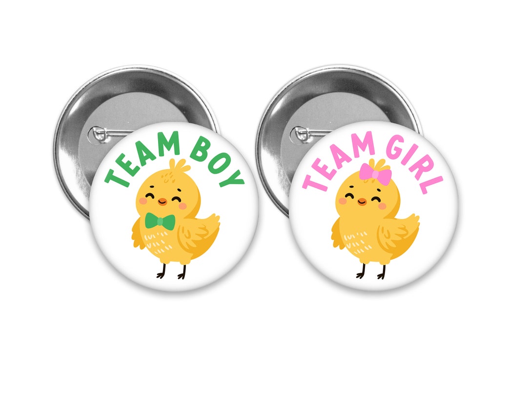 Baby Chick Gender Reveal Pins: Team Boy, Team Girl - Easter Spring ...