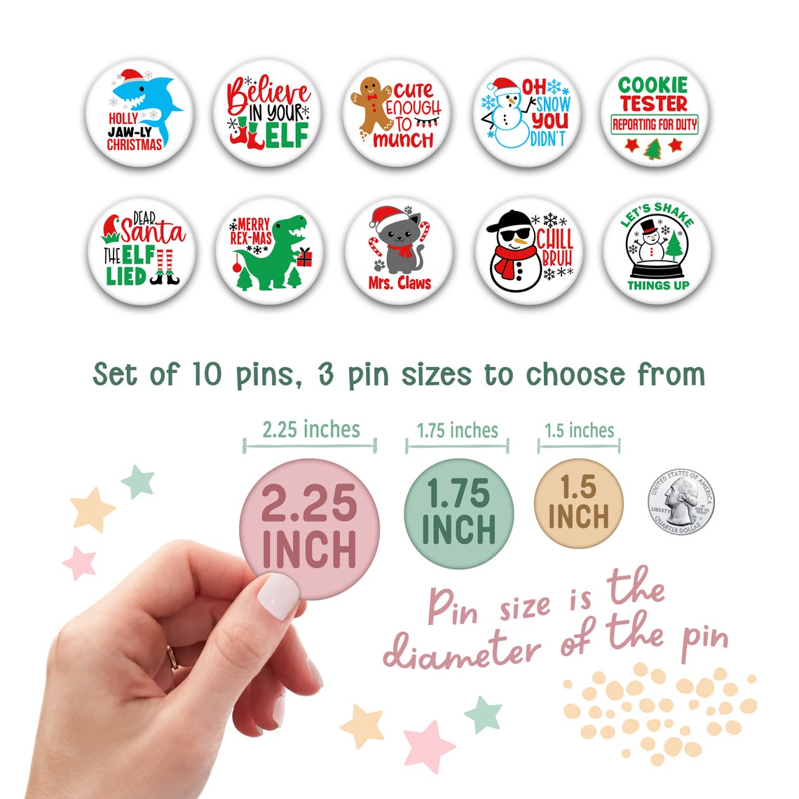 Christmas Kids Pin Back Buttons. Set of 10. 3 Pin Sizes to Choose From ...